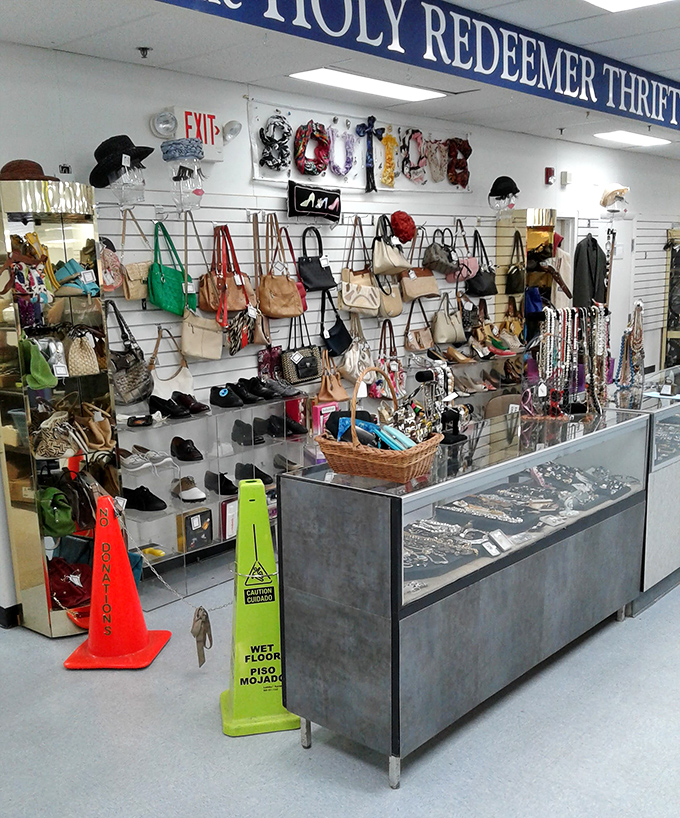 The accessories wall&mdash;where handbags, jewelry, and knickknacks create a treasure hunter's paradise that would make Indiana Jones switch careers.