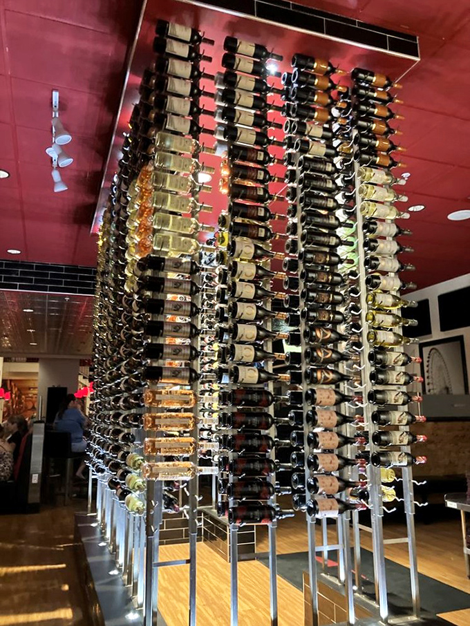 A wine wall that makes you want to point and say, "I'll have that one... and that one... and maybe that one for dessert."