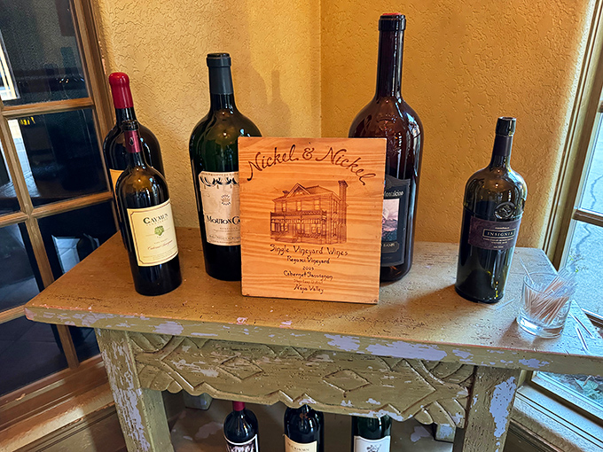 Wine bottles standing at attention, waiting for their moment to complement your perfectly aged steak. Liquid poetry in glass.