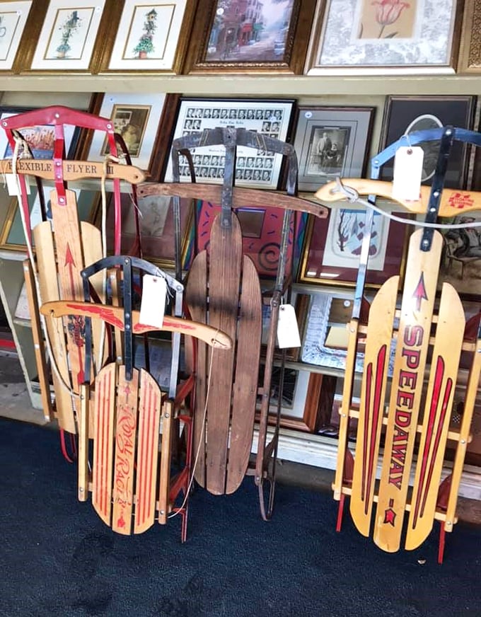 Vintage sleds that have seen more snow days than most of us. That Flexible Flyer has stories of winter joy etched into every wooden slat.