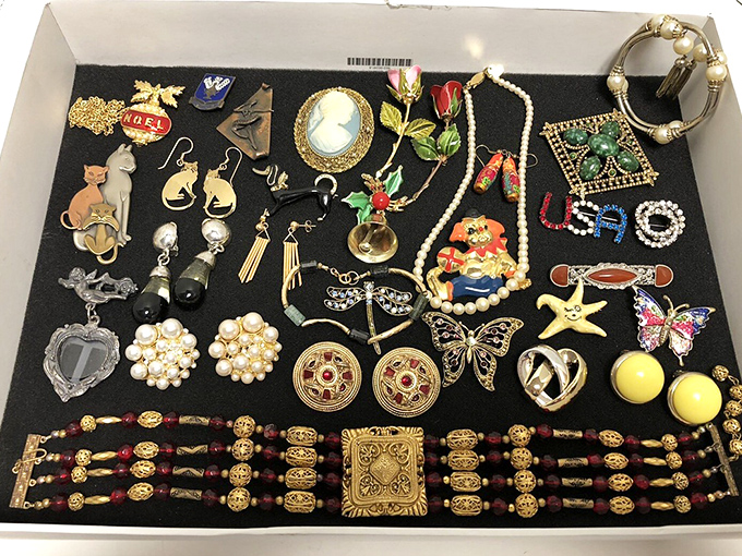 Jewelry treasure trove that would make a pirate jealous. Vintage brooches and costume pieces that add character without emptying your treasure chest.