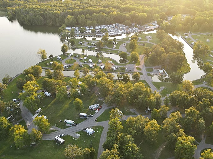 From above, the campground resembles a carefully arranged village where everyone has collectively agreed that nature makes the best neighbor.