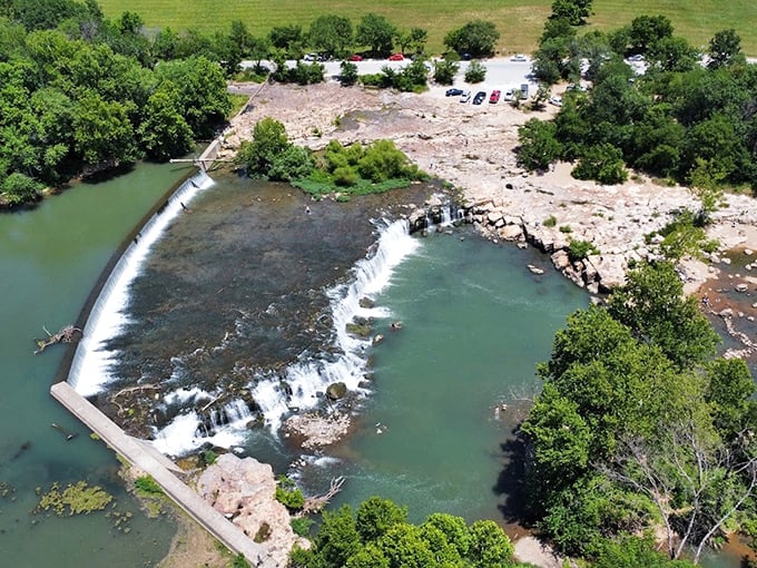 From above, the falls reveal their perfect crescent shape&mdash;a perspective that showcases the impressive scale of this natural Missouri landmark.