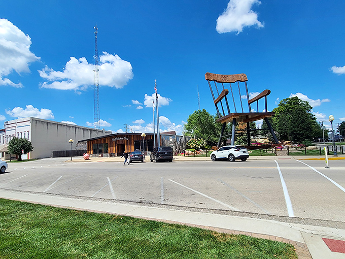 Downtown Casey embraces its role as home to the improbable, with the chair standing sentinel over local businesses.
