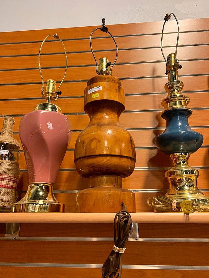 Vintage lamp bases stand at attention like soldiers from different design eras. That wooden one has illuminated countless late-night conversations.