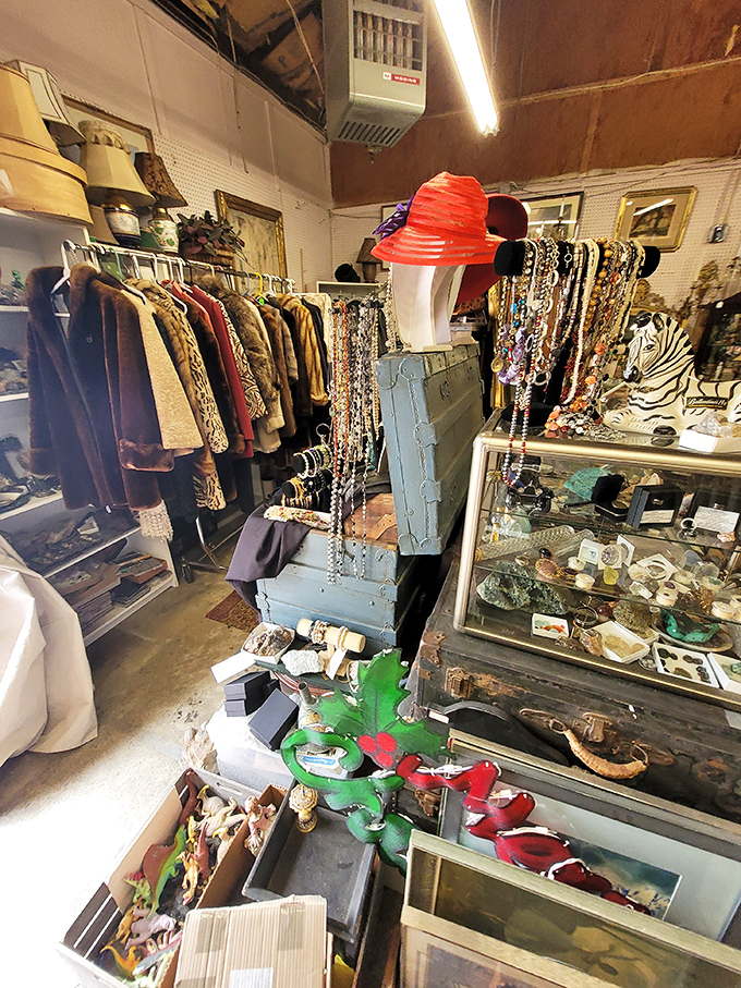Vintage clothing heaven where fashion comes full circle. That red hat is just waiting for someone brave enough to make a statement.
