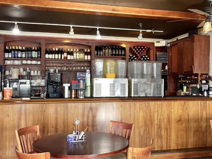 The well-stocked bar promises that your breakfast burrito adventure can include adult beverages if desired.