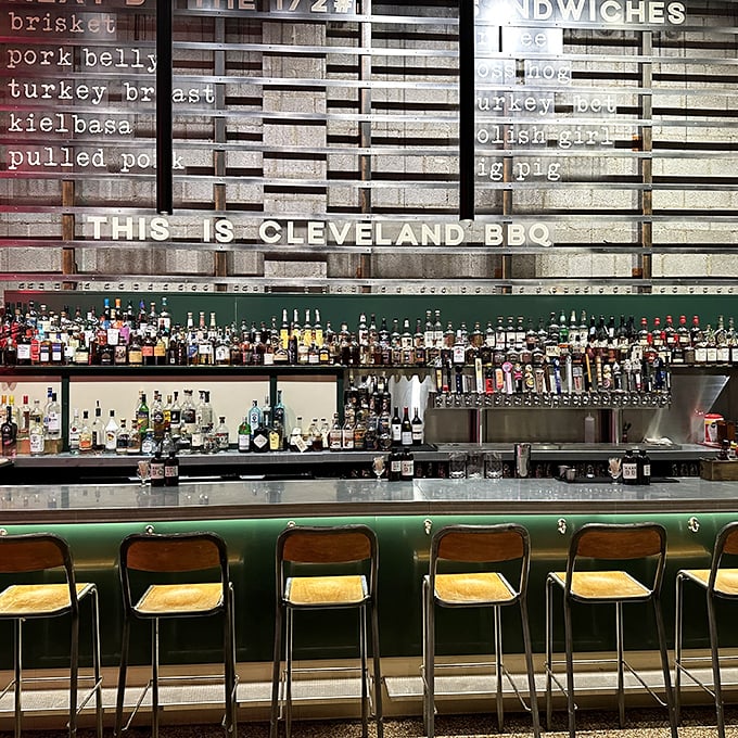 "This Is Cleveland BBQ" isn't just signage&mdash;it's a declaration. The bar's impressive lineup suggests barbecue pairs well with everything.