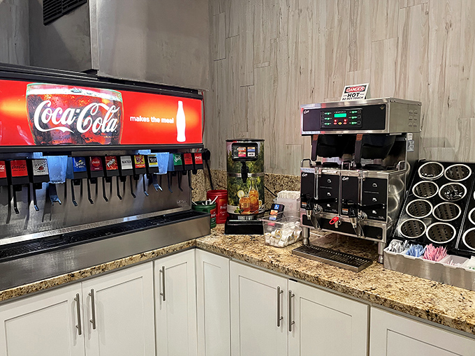 The beverage station stands ready to quench thirsts with that magical elixir known as unlimited soda refills&mdash;America's version of ambrosia.