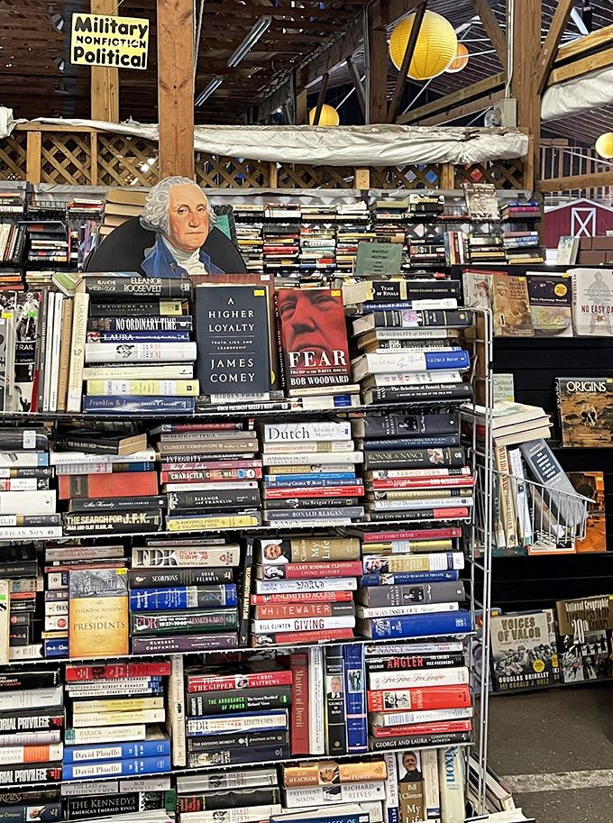 A bibliophile's dream corner where presidential history meets contemporary politics. This towering book collection proves physical pages still hold powerful appeal.