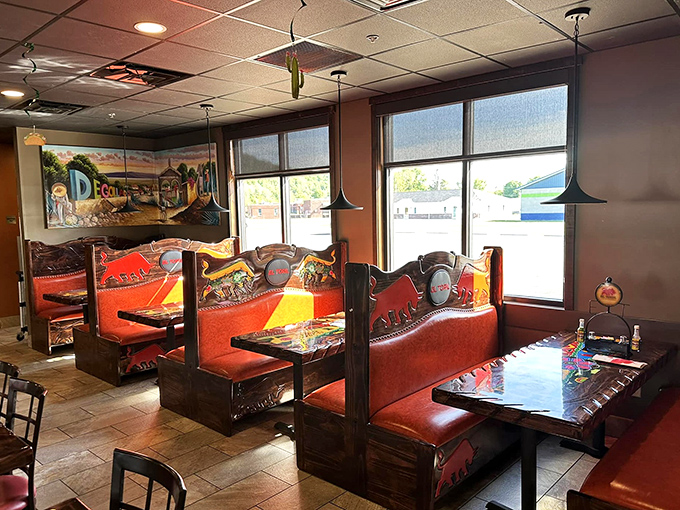 Booths carved with personality and painted with passion. Like sitting in a colorful rowboat sailing toward Flavor Town.