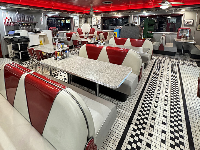 The checkerboard floor and pristine red and white booths aren't just seating &ndash; they're front-row tickets to the greatest show on earth: breakfast for dinner.