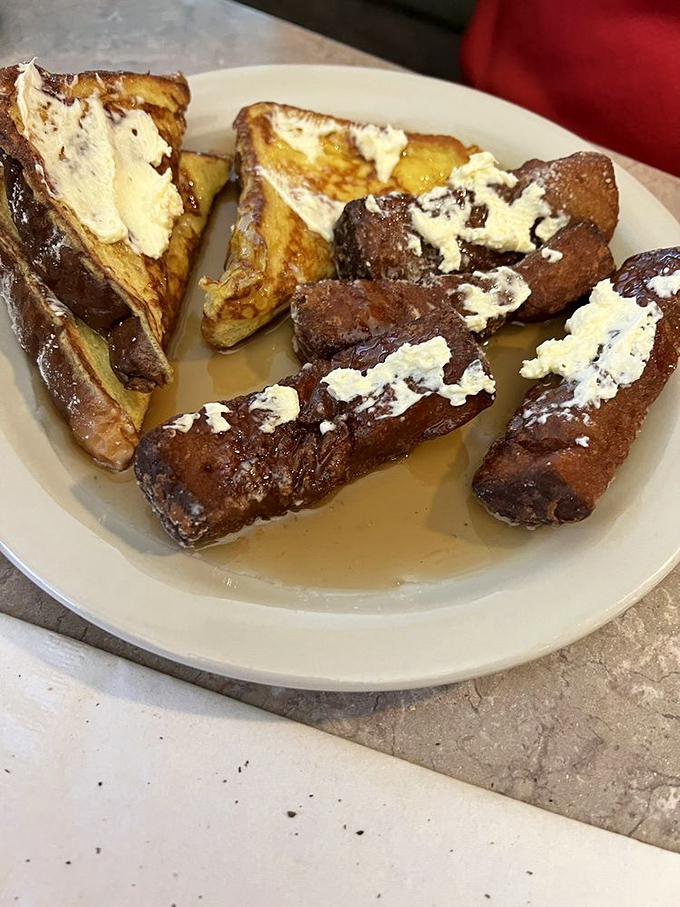 French toast that's seen the business end of a griddle and lived to tell a delicious tale. Butter melting into every nook and cranny.