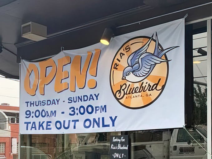 Even their "OPEN" banner features that iconic bluebird. When you've got food this good, you don't need fancy marketing&mdash;just clear directions.