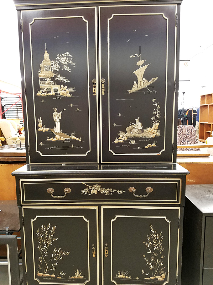 This ornate Asian-inspired cabinet once graced someone's dining room. Now it waits patiently for its next chapter in your home.