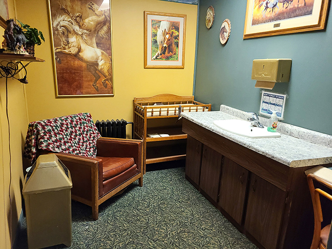 Even the restroom area shows thoughtful touches&mdash;a changing station and comfortable chair for those moments between courses.