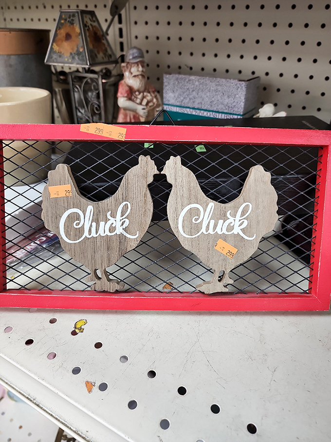 Even farmhouse chic finds its place here&mdash;these wooden chickens would cost triple at a boutique home store.