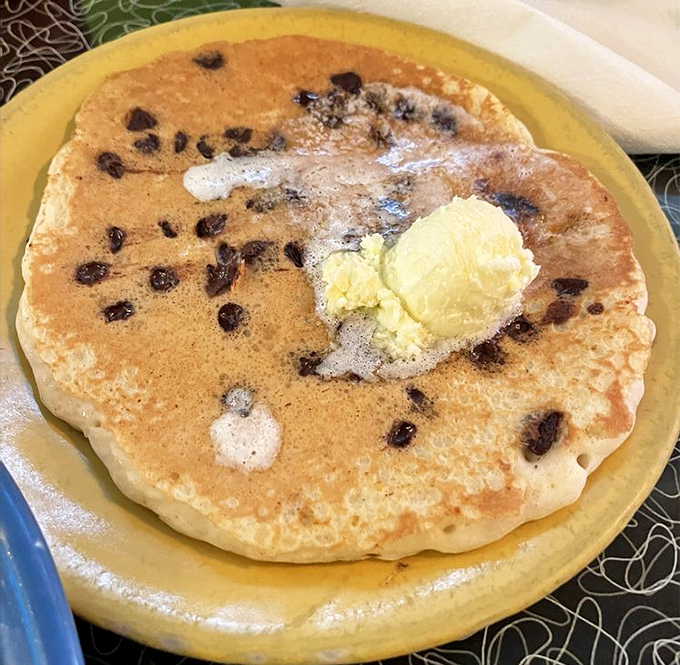 A chocolate chip pancake that's basically dessert with breakfast privileges. That melting butter pat is performing a slow, beautiful dance.