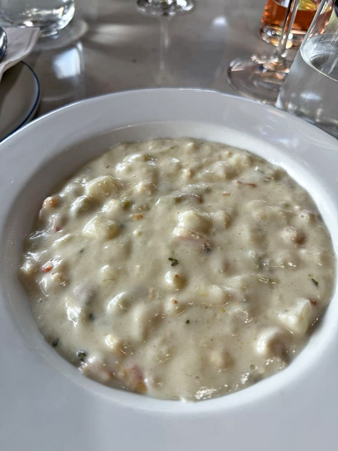 Clam chowder thick enough to float a spoon, rich enough to warm your soul.