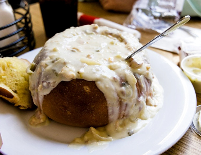 Behold the legendary clam chowder in a bread bowl&mdash;a creamy masterpiece that's worth every mile of the journey.