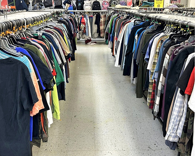 The men's section forms a corridor of possibilities. That perfect interview shirt or quirky vacation button-up is hiding somewhere in plain sight.