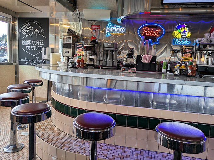 "Drink Coffee, Do Stuff" &ndash; the chalkboard speaks the universal truth of mountain town mornings and diner philosophy.