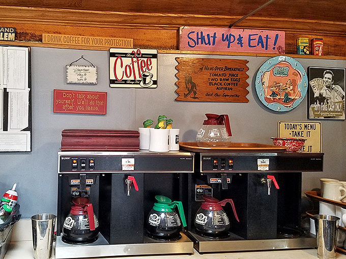 Coffee station wisdom on the walls reminds you that caffeine isn't just a beverage&mdash;it's a philosophy, especially before 10 AM. 