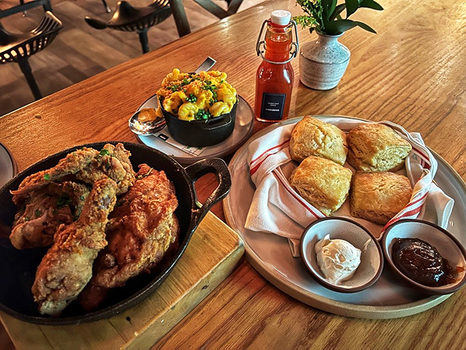 The holy trinity of Southern comfort: fried chicken, mac and cheese, and biscuits. Cardiologists hate this one simple meal!
