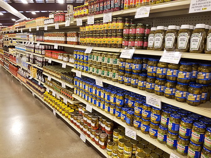 The condiment corridor! Enough pickles, mustards, and sauces to satisfy even the most demanding sandwich architect in Pennsylvania.