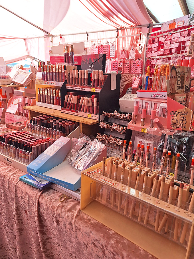 A cosmetics booth that rivals department store counters, proving beauty treasures can be found in the most unexpected places.