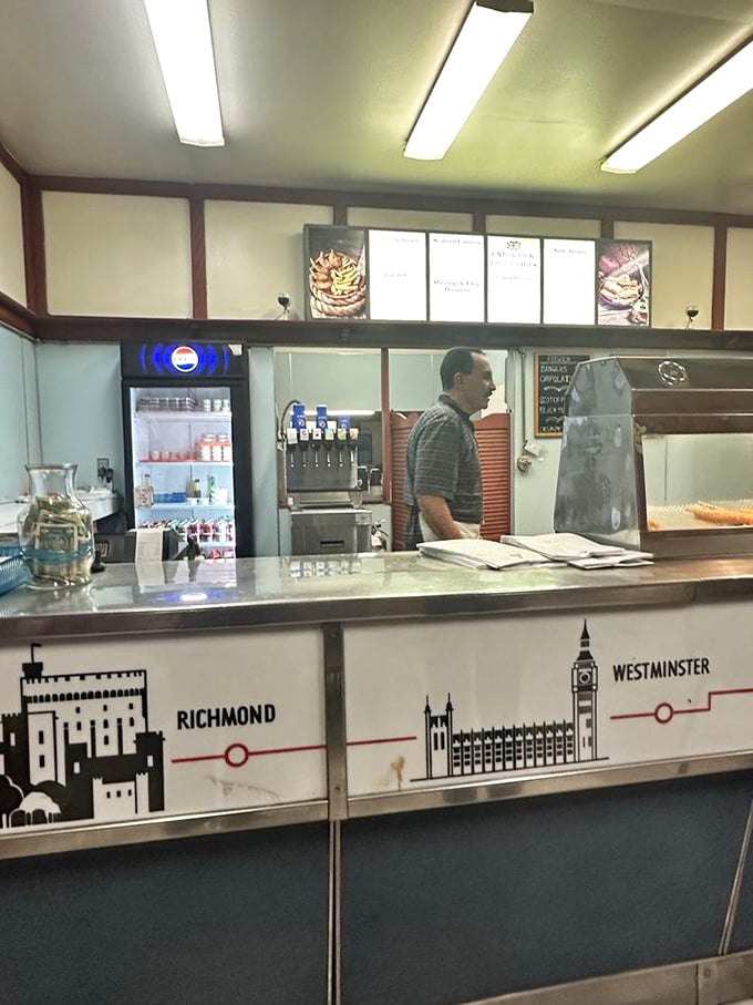 The counter where British culinary magic happens, complete with iconic London landmarks to remind you what inspired this flavor journey.