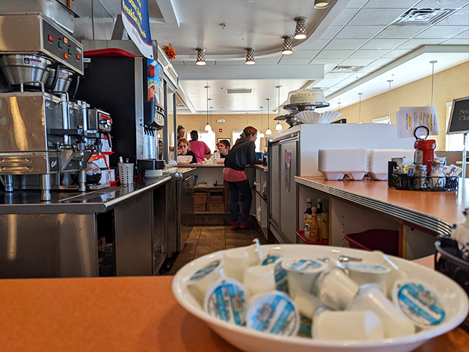 Where the magic happens&mdash;the diner kitchen in full swing. Those little cups of creamer are about to meet their caffeinated destiny.