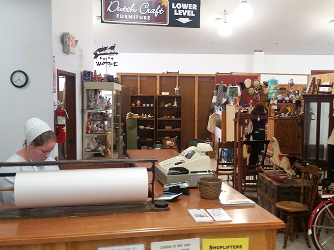 The checkout counter, complete with vintage register and Amish crafts nearby, marks the end of your treasure hunt&mdash;until next time!