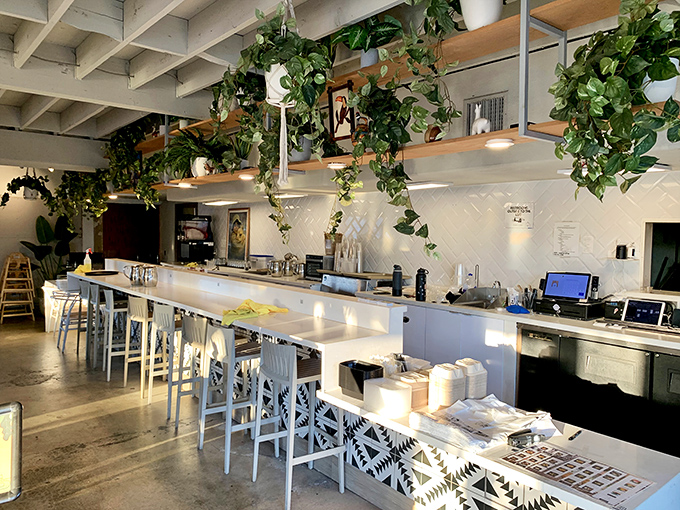 The pristine counter offers front-row seats to culinary theater. White bar stools await those who appreciate watching skilled hands create edible masterpieces.