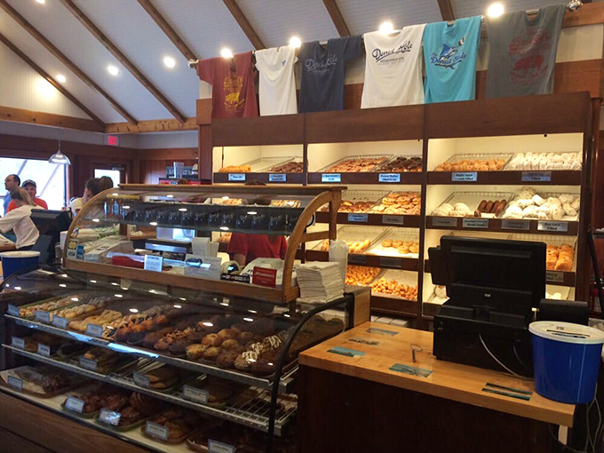The donut display case&mdash;where willpower goes to die and happiness begins. T-shirts hanging above prove you're joining a delicious cult.