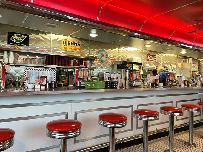 The counter seating offers front-row tickets to the short-order show, where breakfast dreams come true all day long.