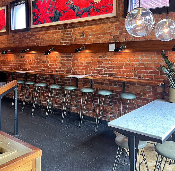 Counter seating with a view of bustling Short North. Perfect for solo diners or those who consider people-watching an appetizer.