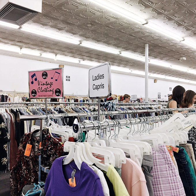 The distinctive ceiling tiles watch over shoppers hunting for deals&mdash;under these lights, the thrill of the find is written on every face.