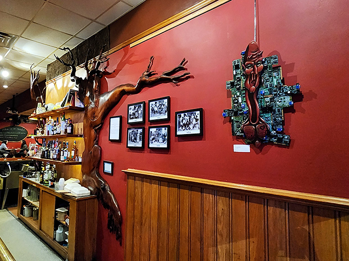 Vibrant wall art and eclectic decorations create an atmosphere that's part gallery, part neighborhood gathering spot.