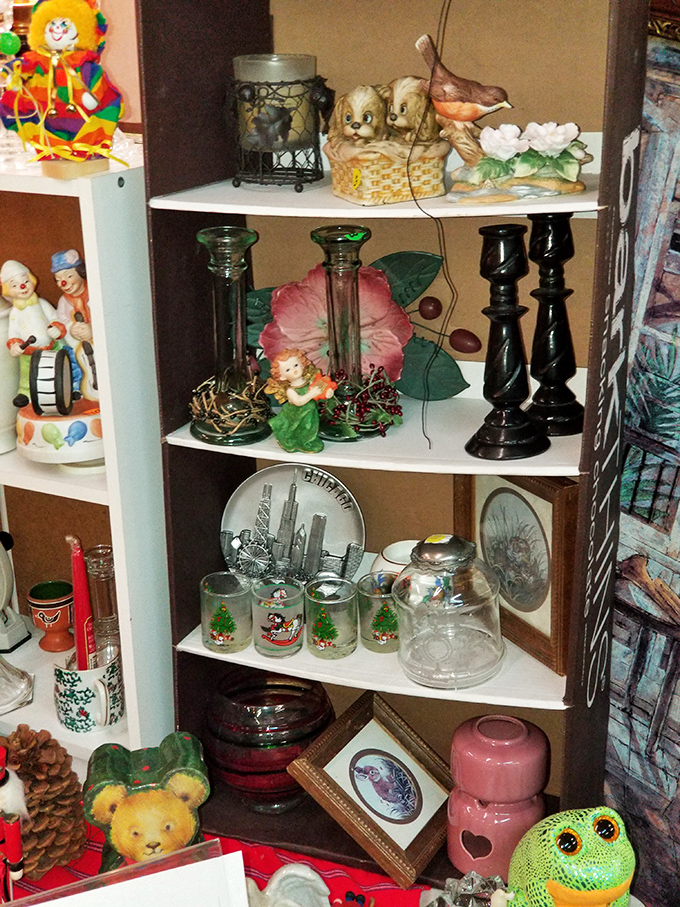Every shelf a miniature department store of nostalgia&mdash;from Chicago souvenir plates to Christmas Mickey glasses that once held eggnog.
