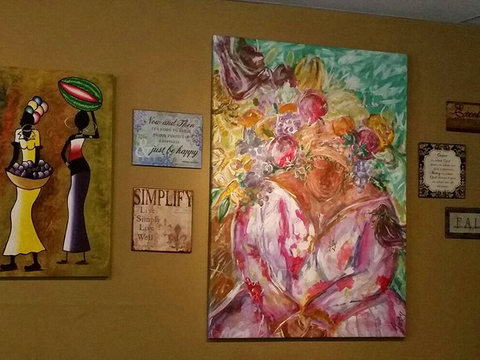 Colorful artwork adorns the walls, adding vibrant personality to the space and reflecting the same creativity found on your plate.