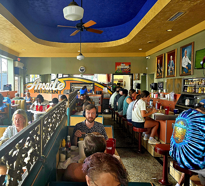 A dining counter where solo diners never feel alone. The rhythm of forks against plates creates the percussion section for this daily breakfast symphony.