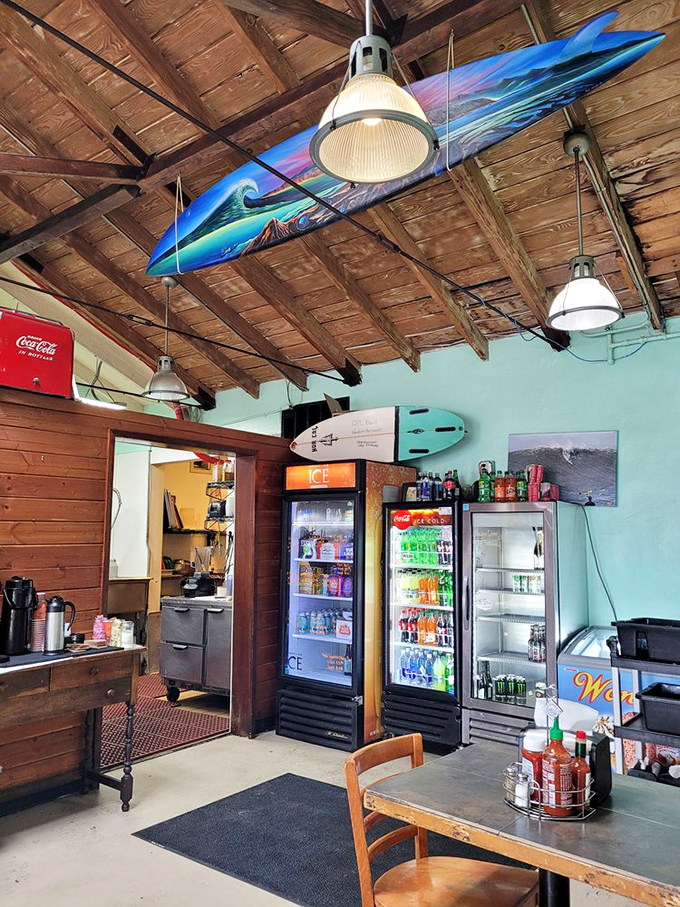 The dining area feels like the living room of that cool coastal relative who always has the best stories and never runs out of good food.