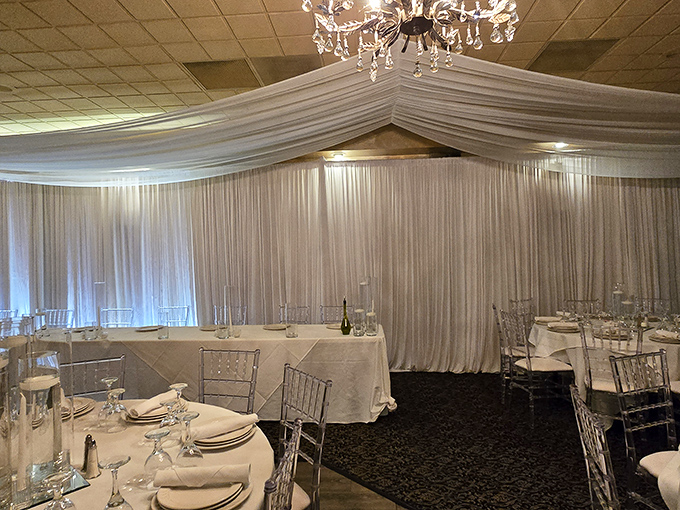 Another view of the elegant event space shows how Angelo's transforms from restaurant to celebration venue with sophisticated simplicity.