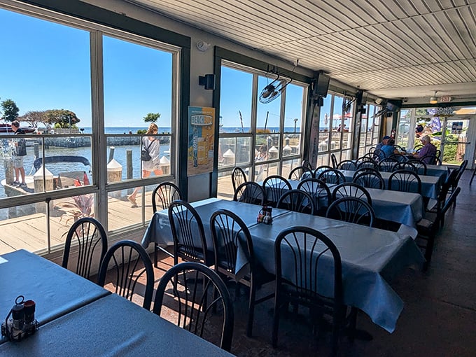 Windows framing water views that rival the food for your attention. Spoiler alert: it's a delicious tie.