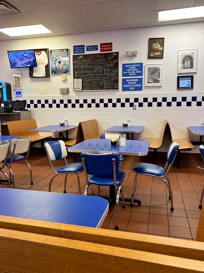 Blue tables, matching chairs, and a chalkboard menu that changes with the seasons. Diner minimalism that lets the food do the talking.