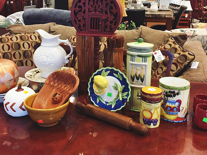 Ceramic treasures and vintage kitchenware create tabletop vignettes that would make your grandmother nod with approval.