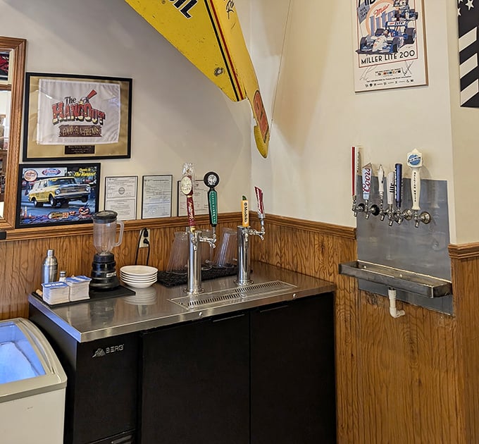 The draft beer station stands ready for action&mdash;where your glass will soon be filled with something cold to wash down that legendary meatball sub.