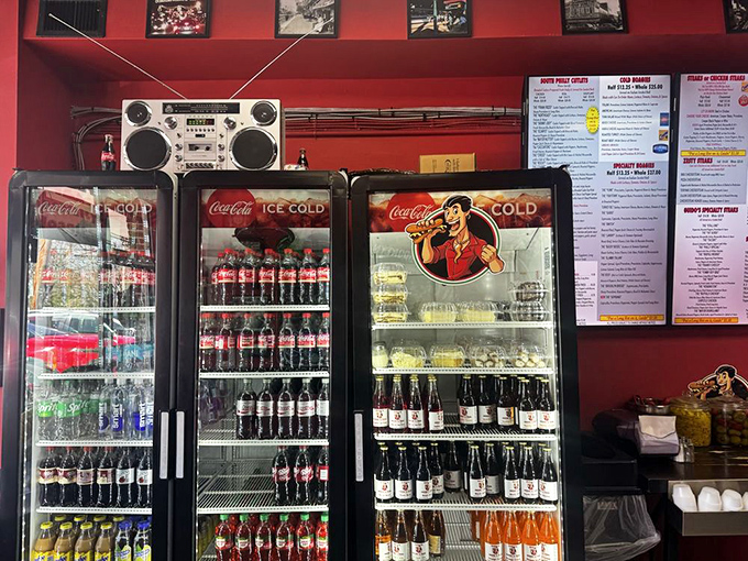 Cold beverages standing at attention in the cooler &ndash; because every great sandwich needs its liquid companion.