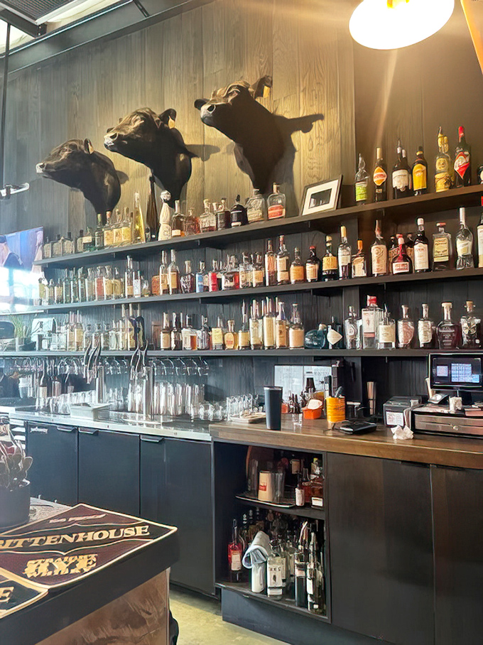 A bourbon collection that would make Kentucky blush. Those bottles aren't just decoration&mdash;they're supporting actors in your meal's performance.